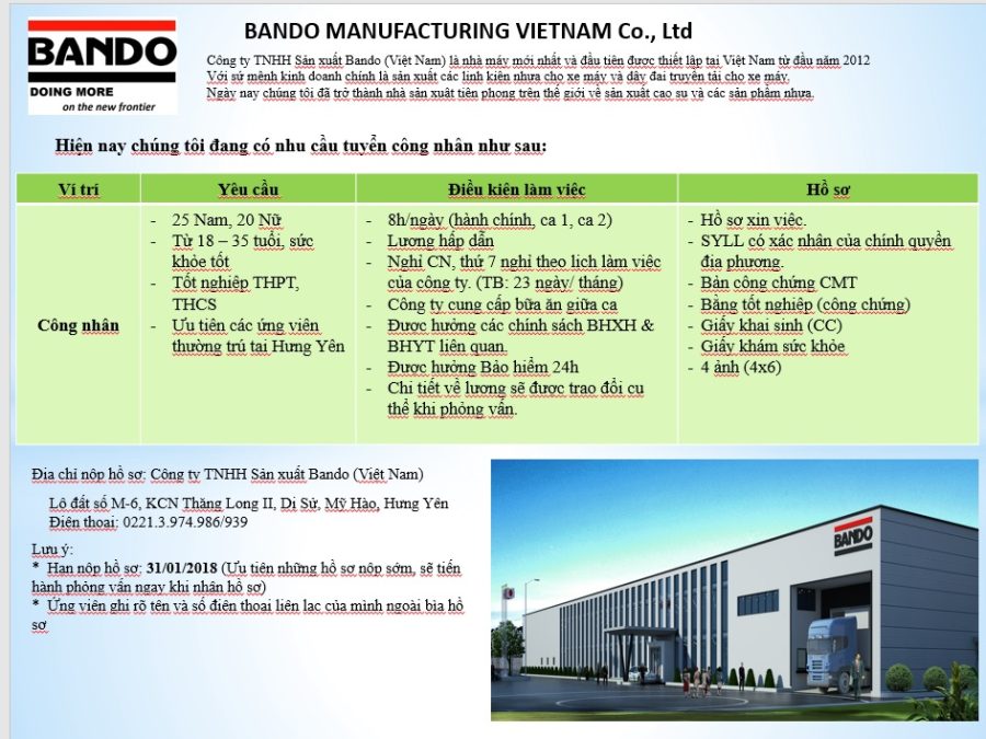 Tuyển dụng công nhân – Bando Việt Nam